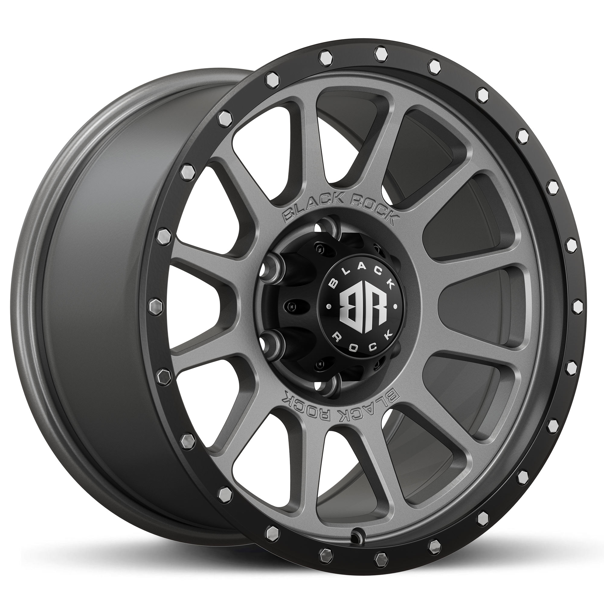 4X4 RIMS BLACK ROCK OMEGA GUNMETAL GREY WITH BLACK RING 17 INCH