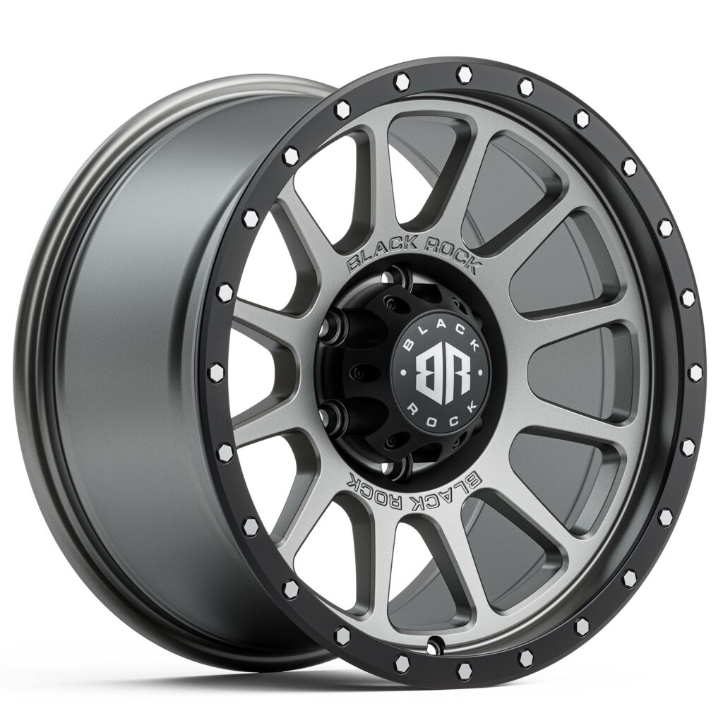 4X4 RIMS BLACK ROCK OMEGA GUNMETAL GREY WITH BLACK RING 17 INCH