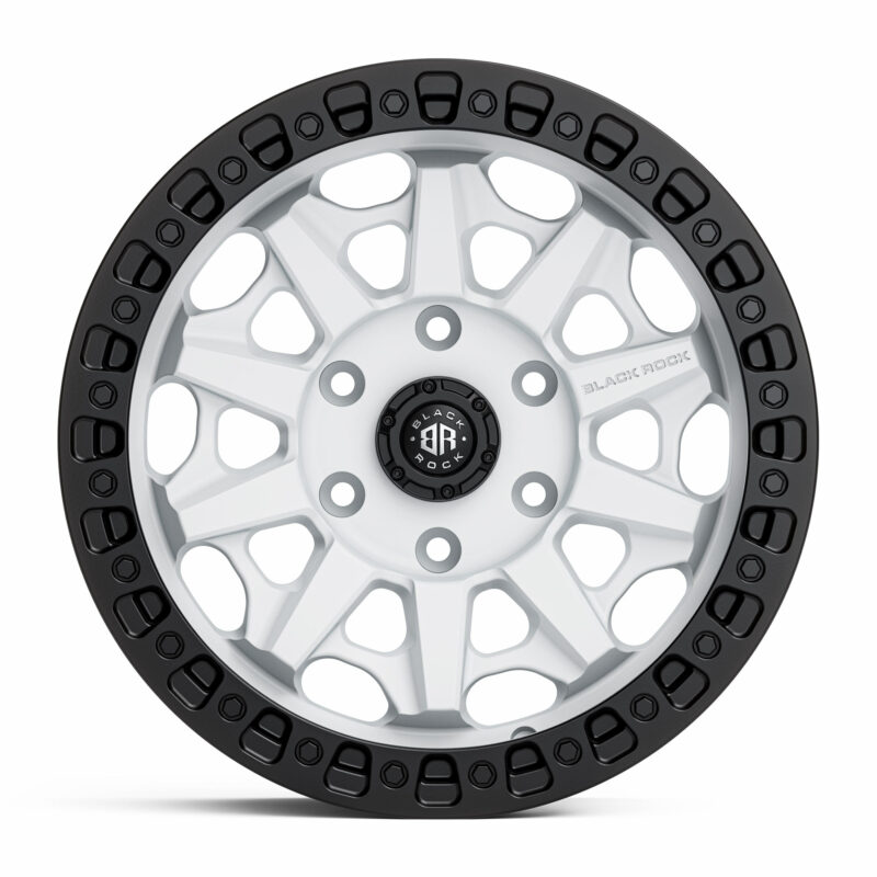 BLACK ROCK CAGE SATIN WHITE WITH BLACK RING 17X8 6X130 WHEEL - CNC Wheels