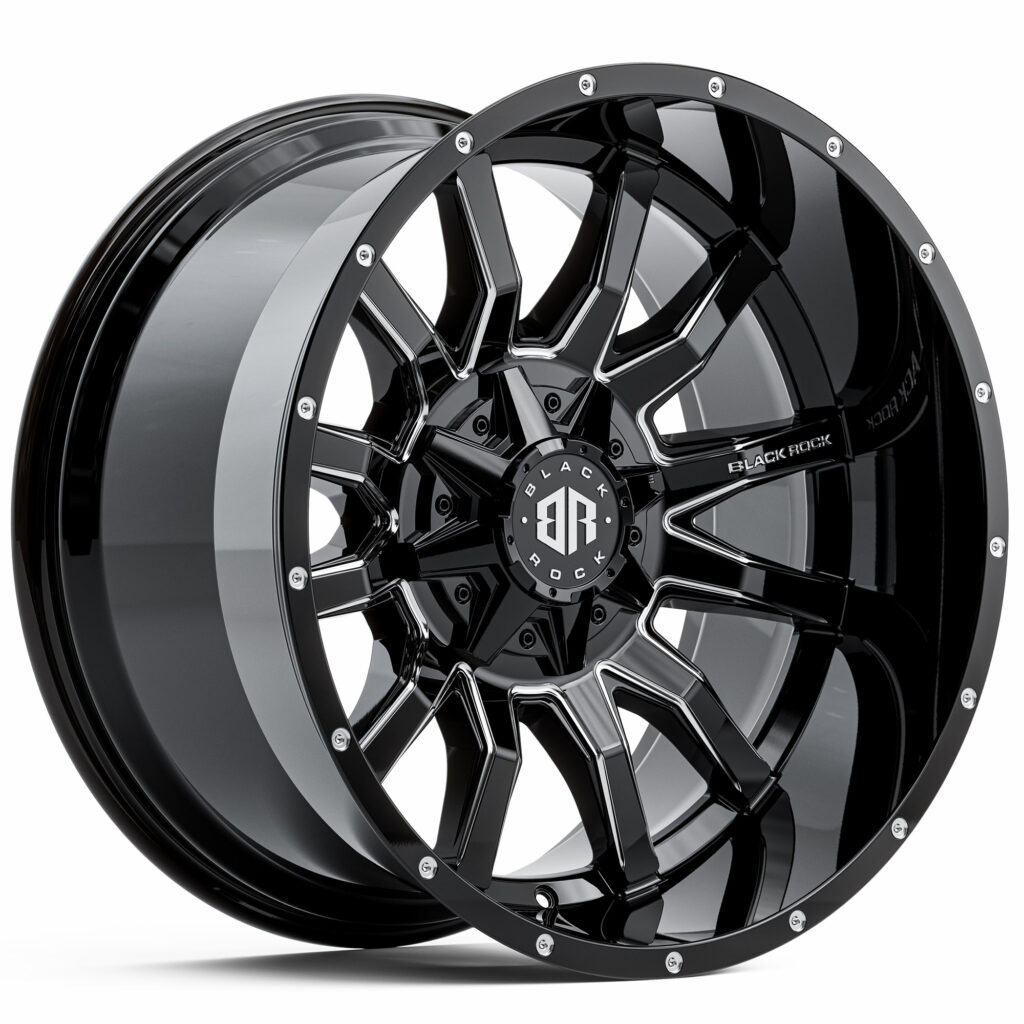 BLACK ROCK PREDATOR GLOSS BLACK MILLED 22X12 5X120 WHEEL - CNC Wheels